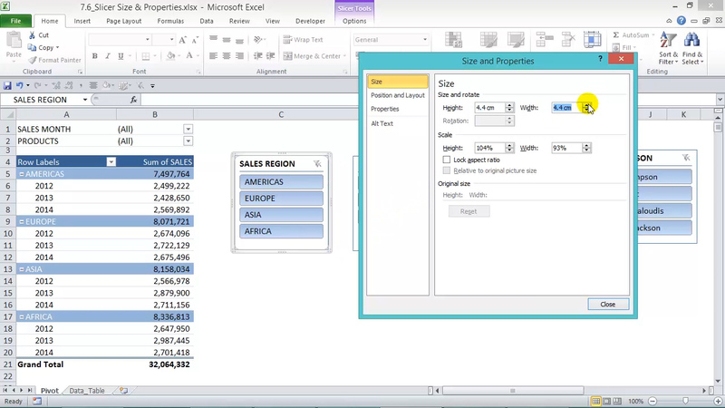 Adjusting Excel Slicer Properties 